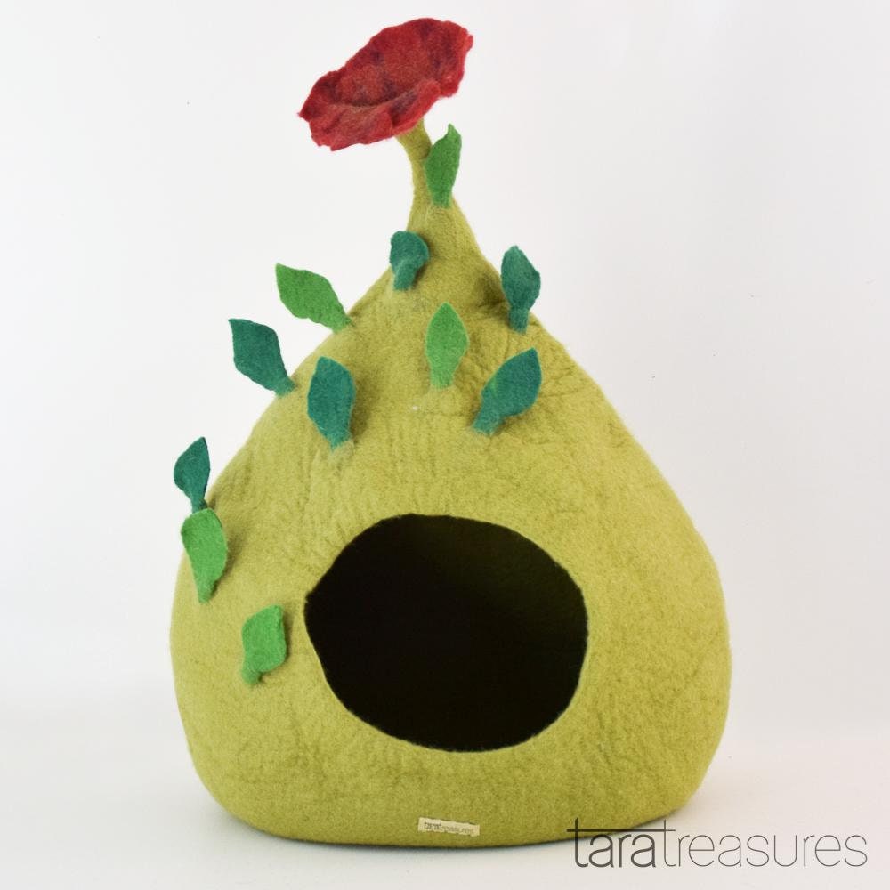 Teardrop Cat Cave Cat Pod With Green Leaves Made From Wool - Etsy