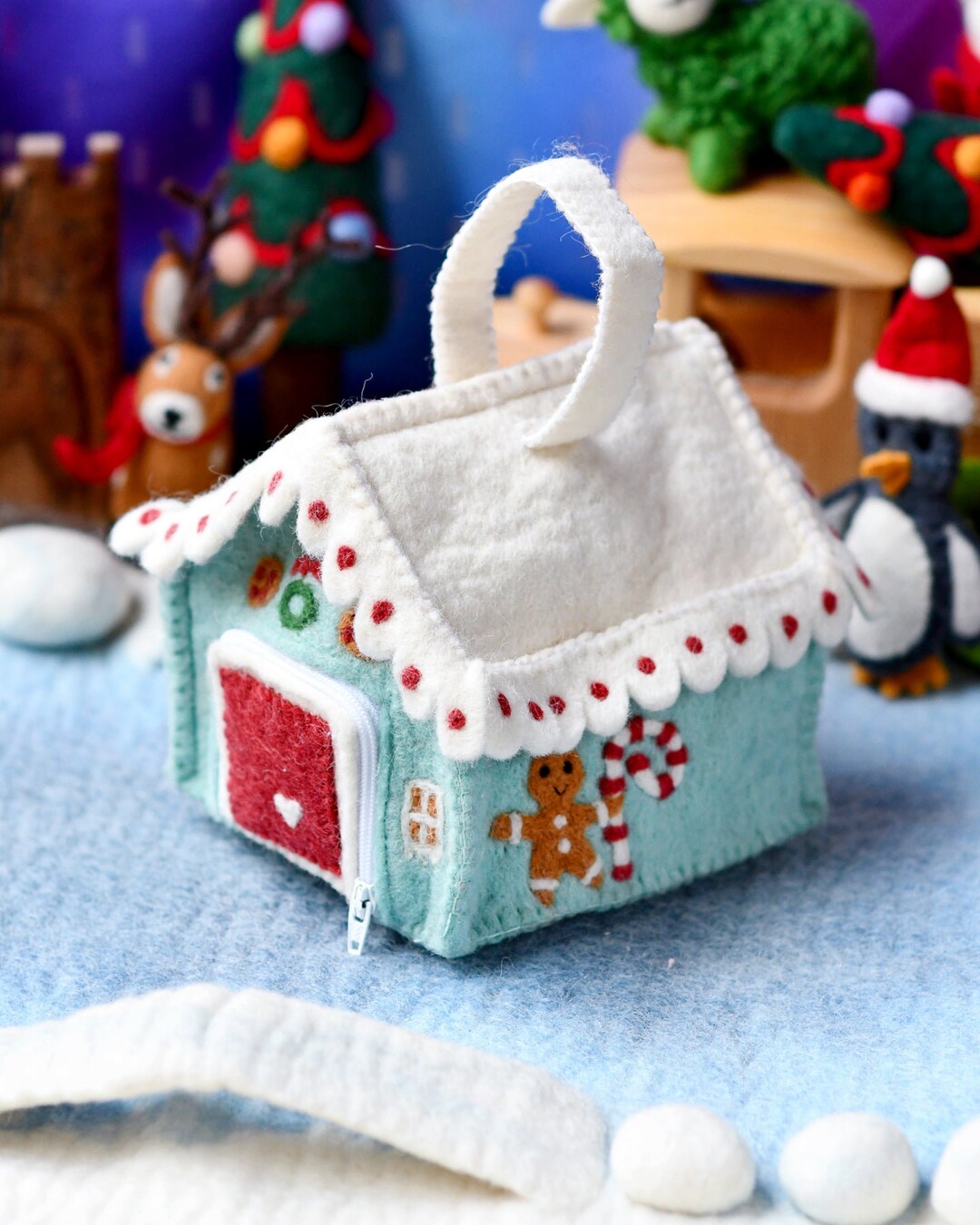 Felt Blue Gingerbread House Bag, Christmas Gingerbread House Bag for ...