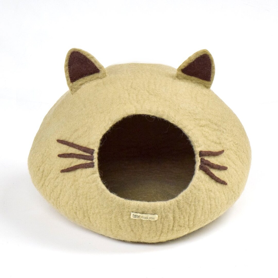 Brown Beige Cat Face Head Cat Cave Made From Natural Wool Felt - Etsy