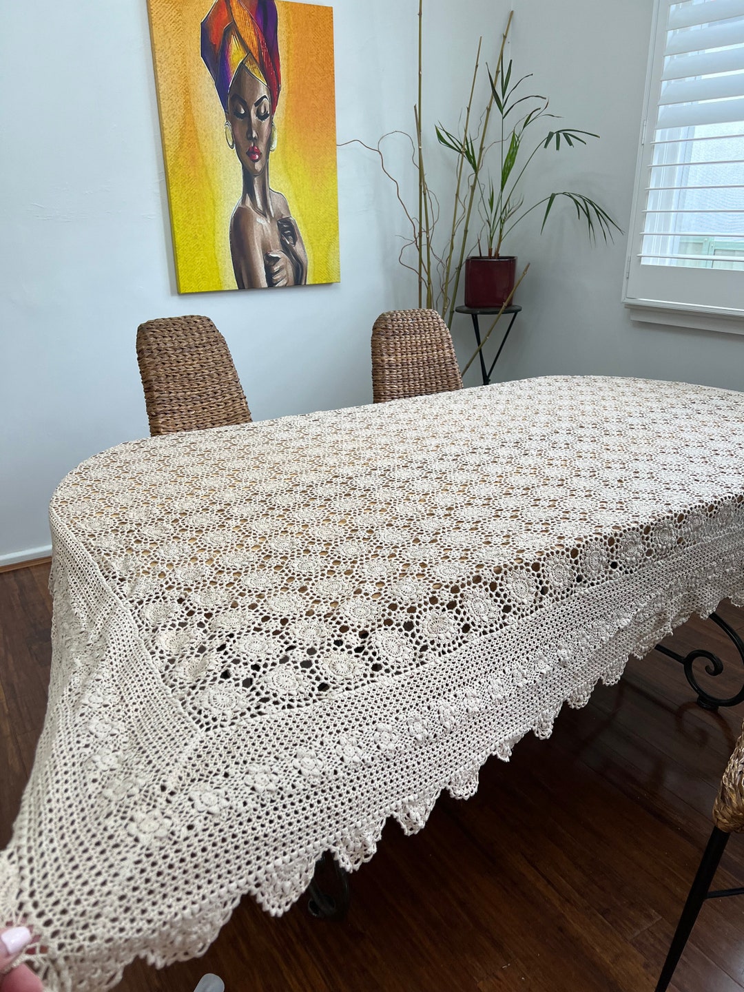 Vintage Tablecloth Handmade Crochet Tablecloth Beige Tablecloth Shabby ...