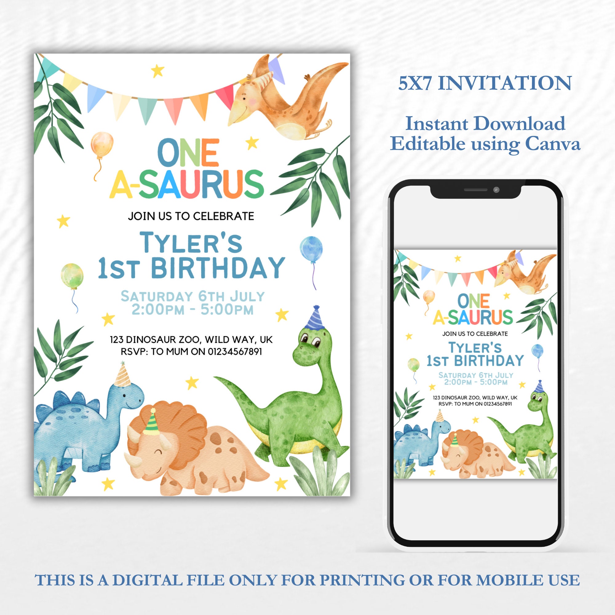 One A-saurus Birthday Invitation Dinosaur Birthday Invitation Digital ...