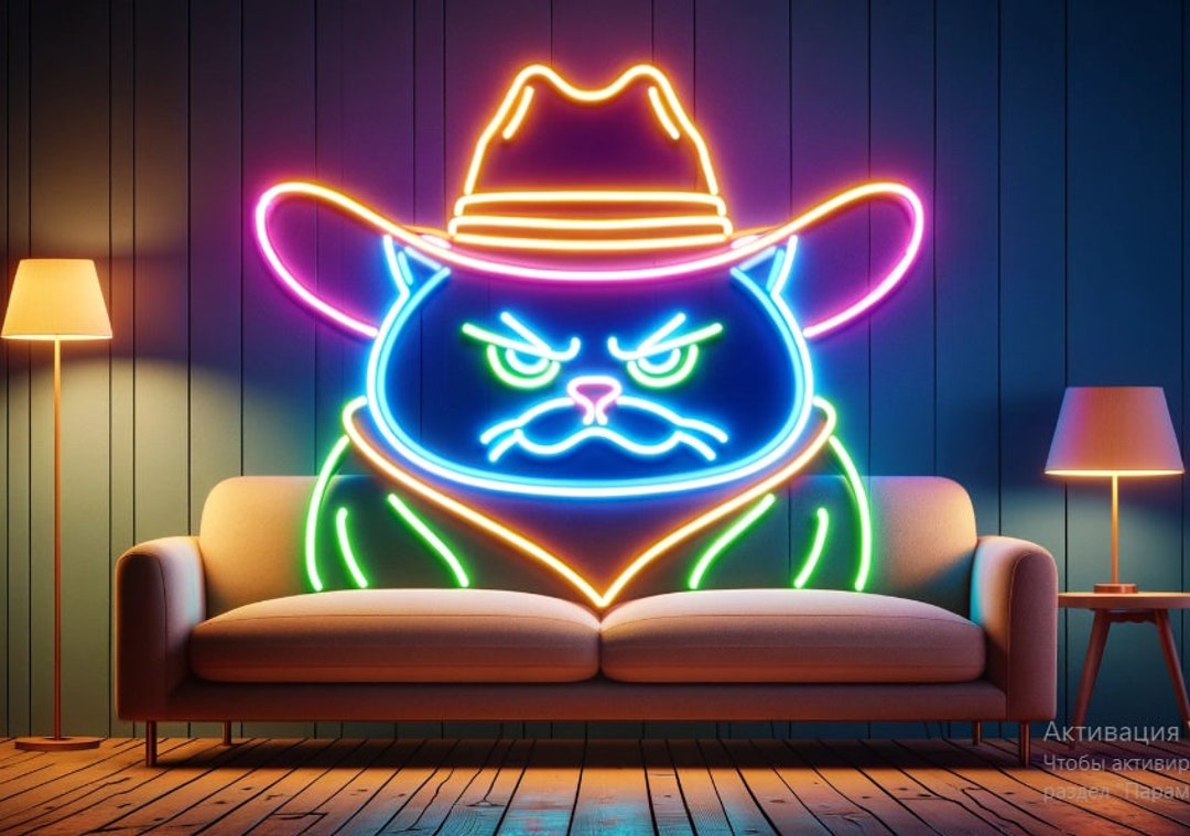 Fat Cat Neon Sign, Cowboy Cat Neon, Neon Sign With Cat in Hat, Western ...