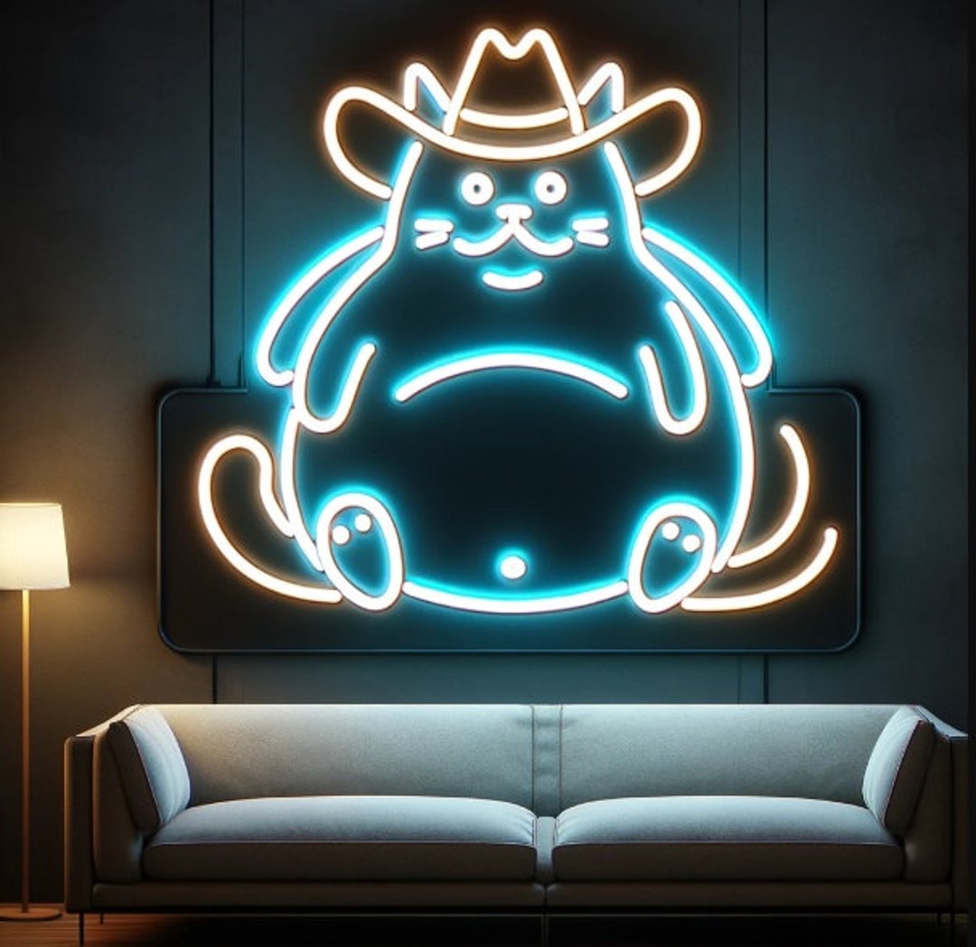 Cat Neon Sign, Cowboy Fat Cat Neon, Neon Sign With Cat in Hat, Western ...