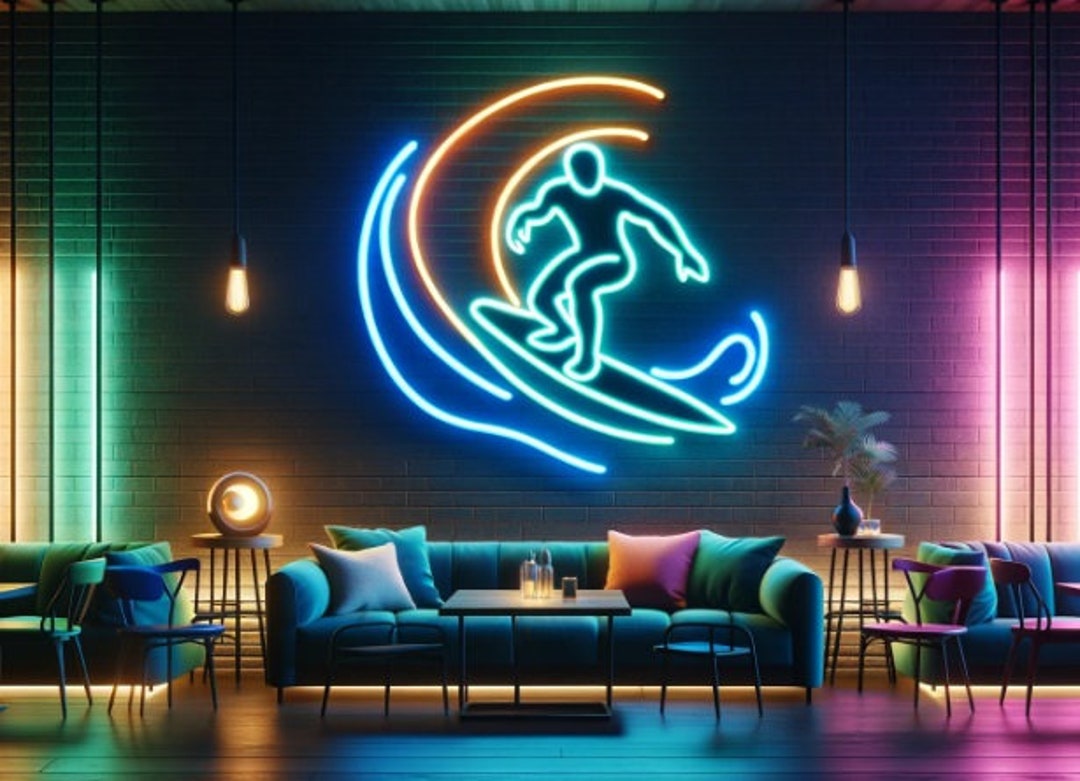 Neon Surfing Sign, Surfer Neon Sign, Neon Wave Sign, Neon Surfer on ...
