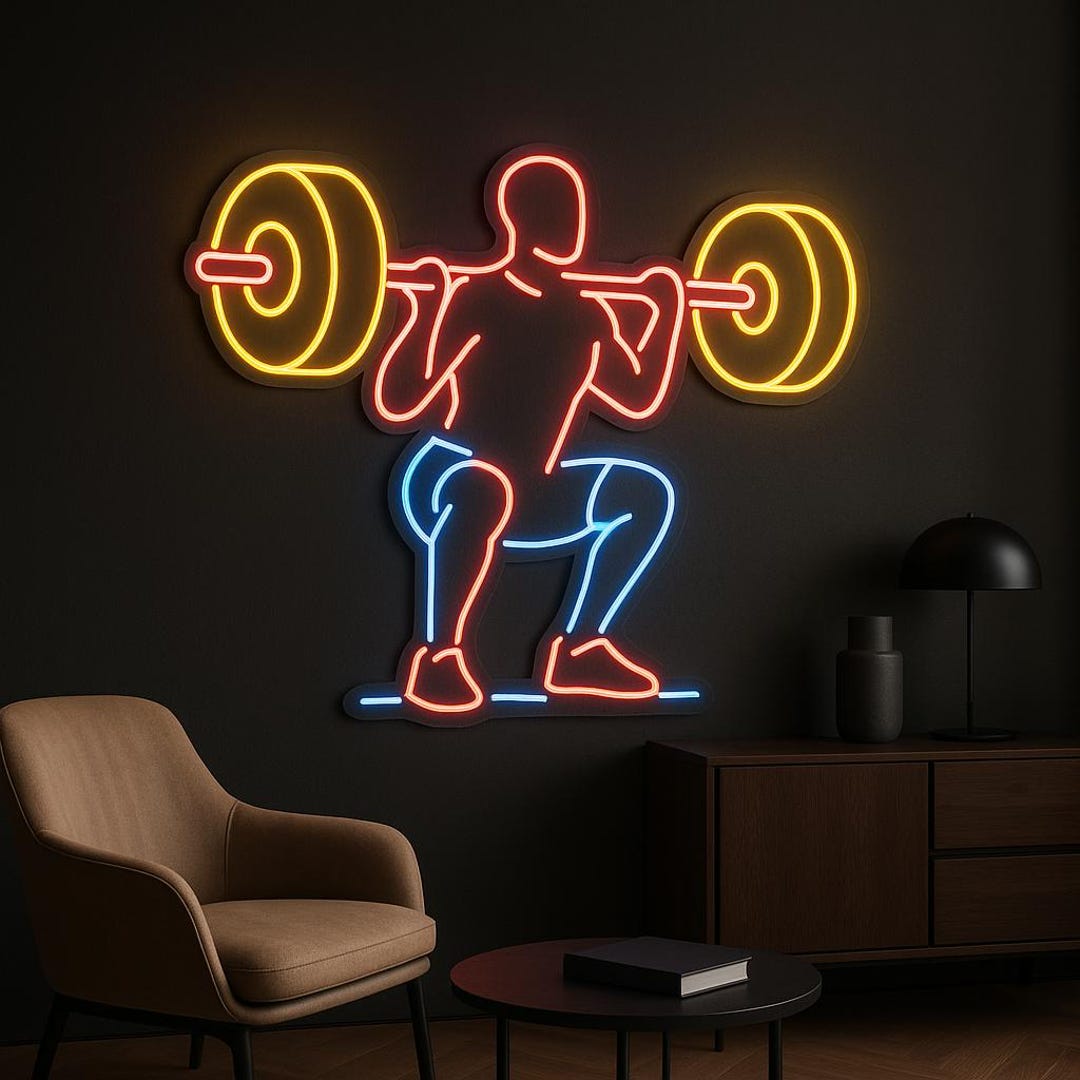Neon Gym Sign – Weightlifter With Barbell | Fitness Neon Light for Home ...