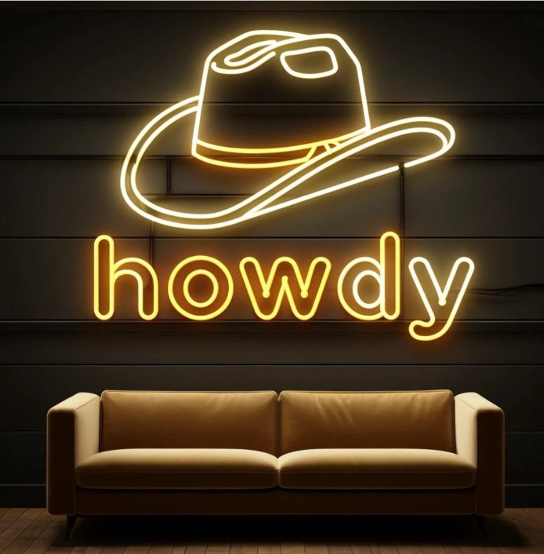 Cowboy Hat Howdy Neon Sign, Howdy Neon Sign, Man Cave Wall Decor, Neon ...