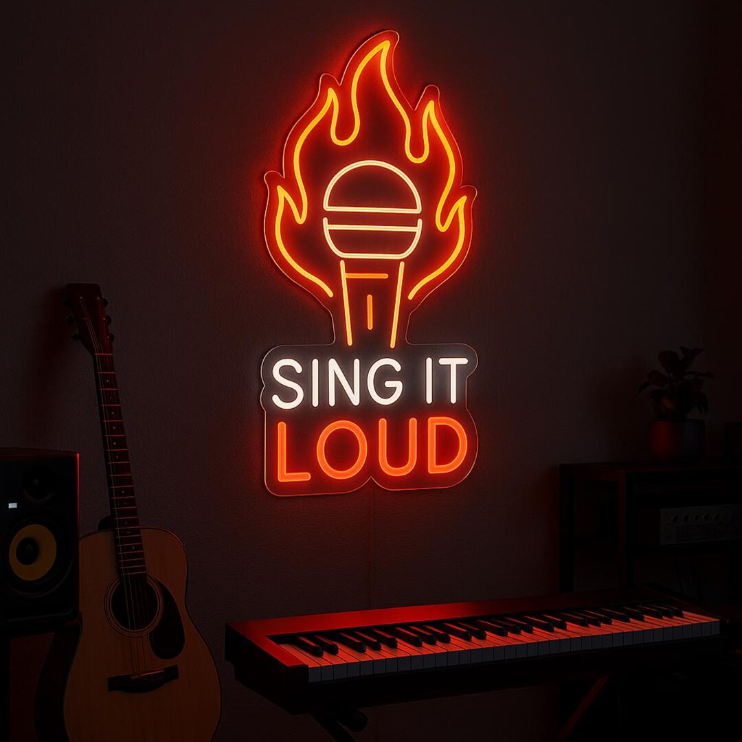 Sing It Loud Neon Sign – Flaming Microphone LED Light for Music Studio ...