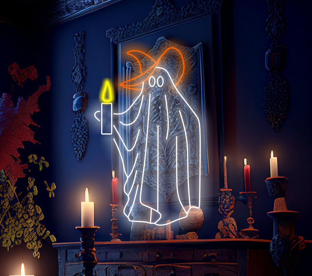 Halloween Ghost Neon Sign, Ghost Holding A Candle Neon Sign, Neon Sign ...