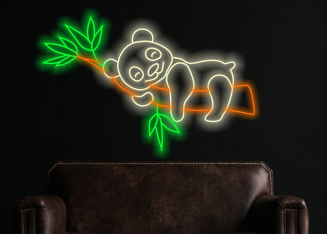 Panda Neon Sign, Bear Panda Neon Sign, Panda on a Bamboo Branch Neon ...