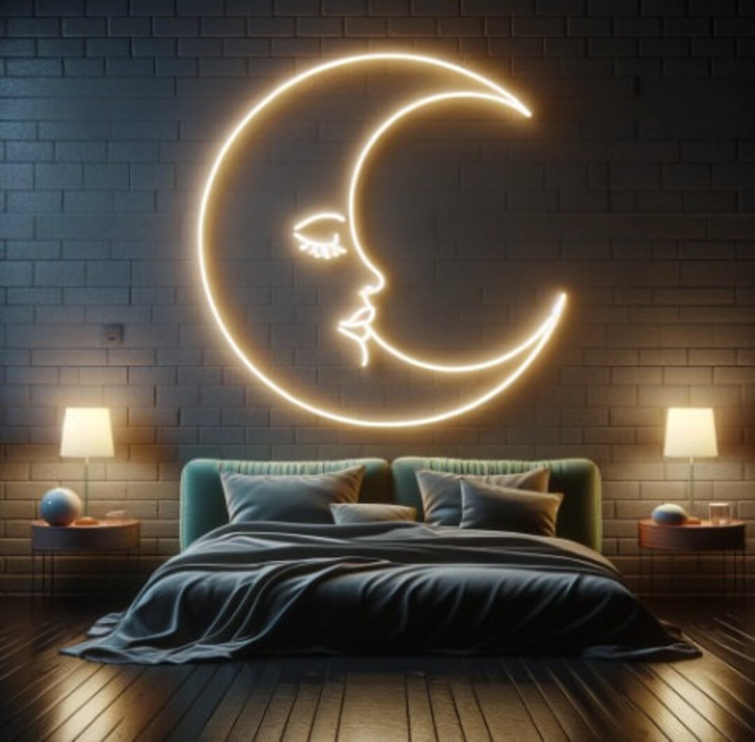 Moon With Face Neon Sign, Moon Neon Light Sign, Moon Neon Light, Neon ...