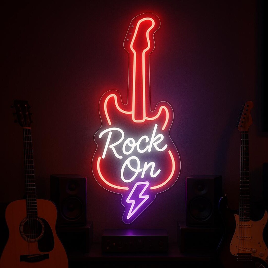Rock on Neon Sign Guitar Light – Rock Music Wall Decor, Electric Guitar ...