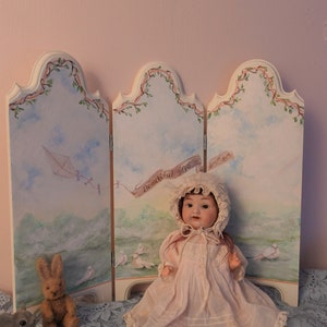 Hand-painted Three Panel Doll Screen, Small Doll Accessory, Bleuette ...