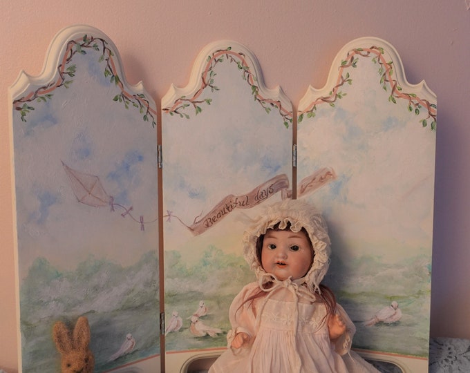 Hand-painted Three Panel Doll Screen, Small Doll Accessory, Bleuette ...