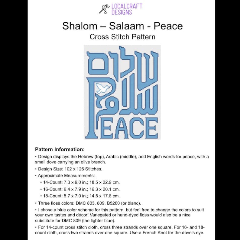 Shalom - Salaam - Peace Cross Stitch Pattern (PDF Only, Instant ...