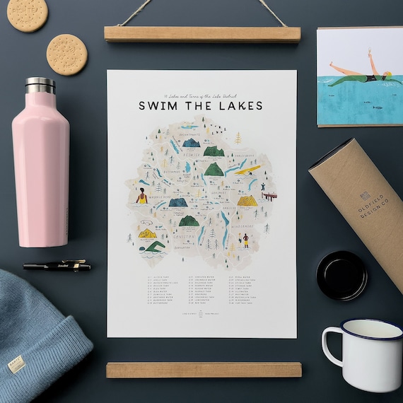 Swim the Lakes A3 Illustrated Map Checklist. 30 Lakes and - Etsy