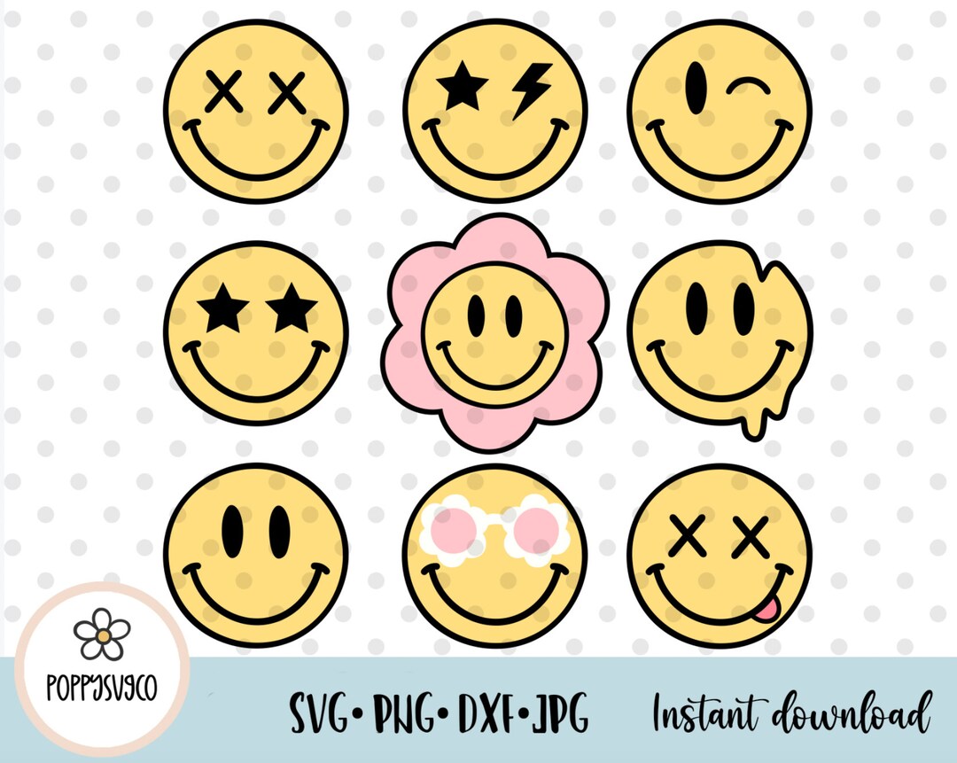 9 Smiley Face SVG Bundle, Happy Face Svg, Happy Svg, Groovy Svg, Retro ...