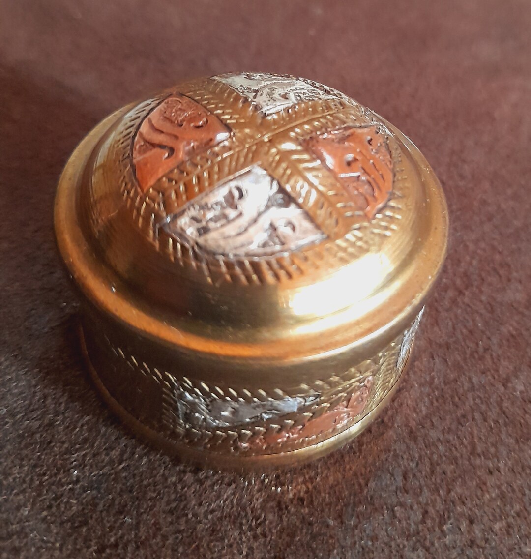 Vintage Brass Pill Box With Inlaid Black and White Design on Lid ...