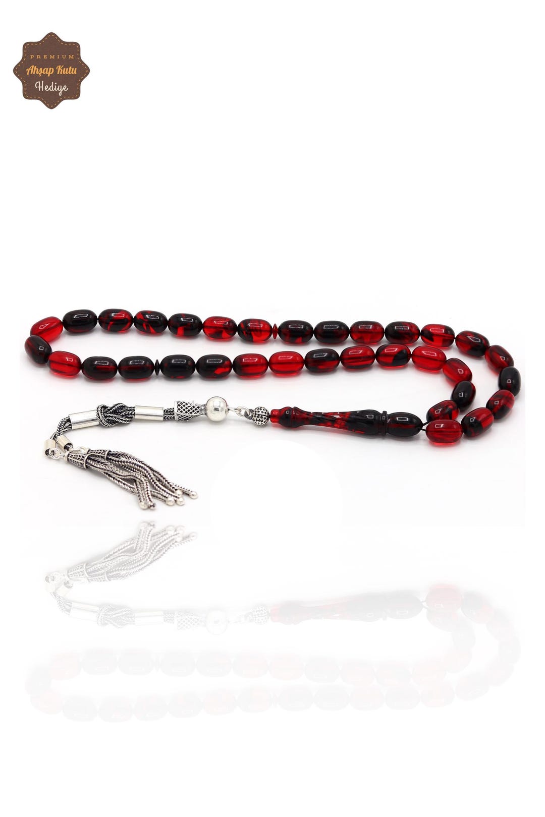 Red Moire Capsule Cut Silver Tassel Fire Amber Prayer Beads 201024369 ...