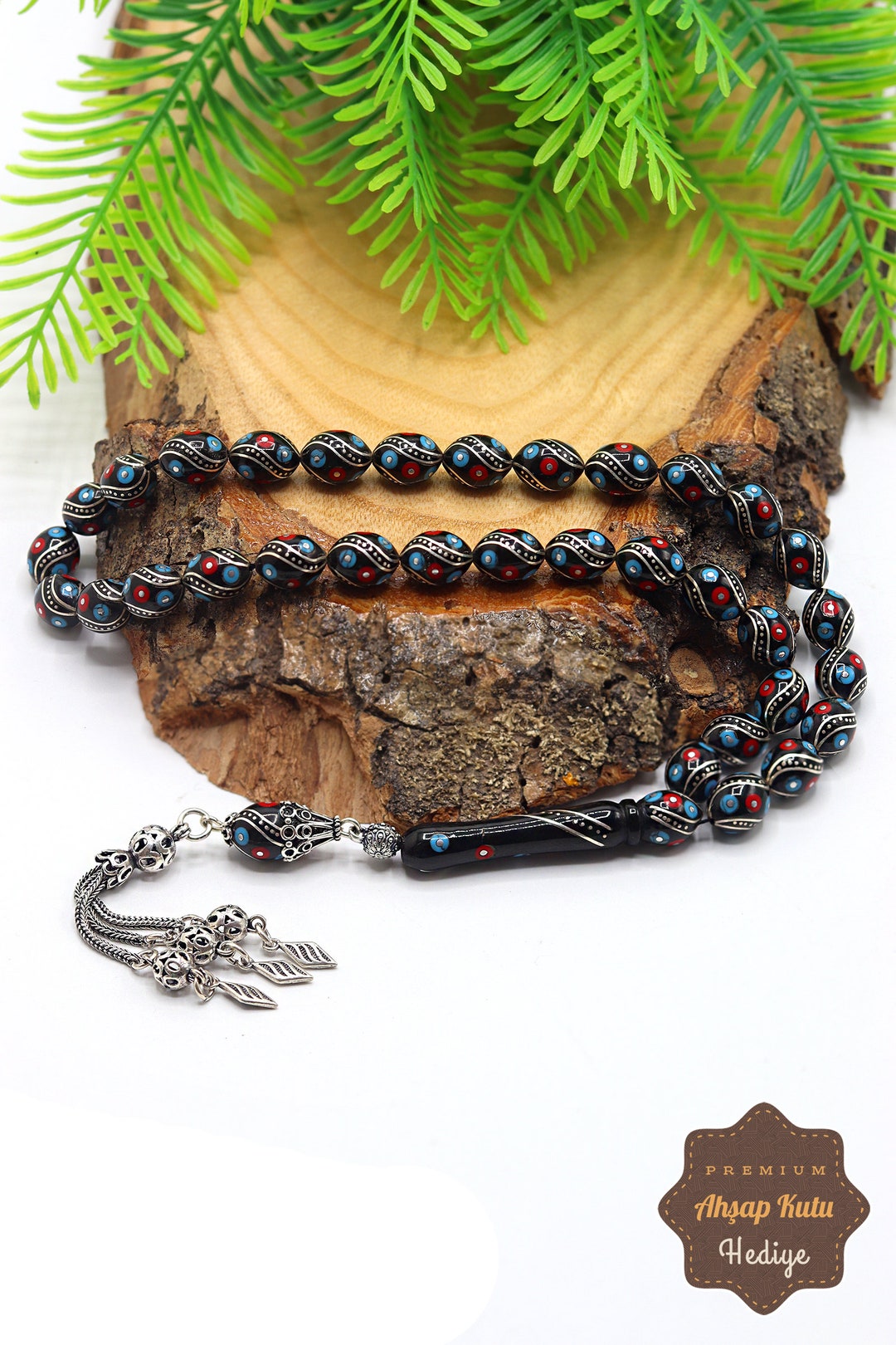 Original Oltu Stone All Silver Engraved Coral and Firuze Inlaid Rosary ...