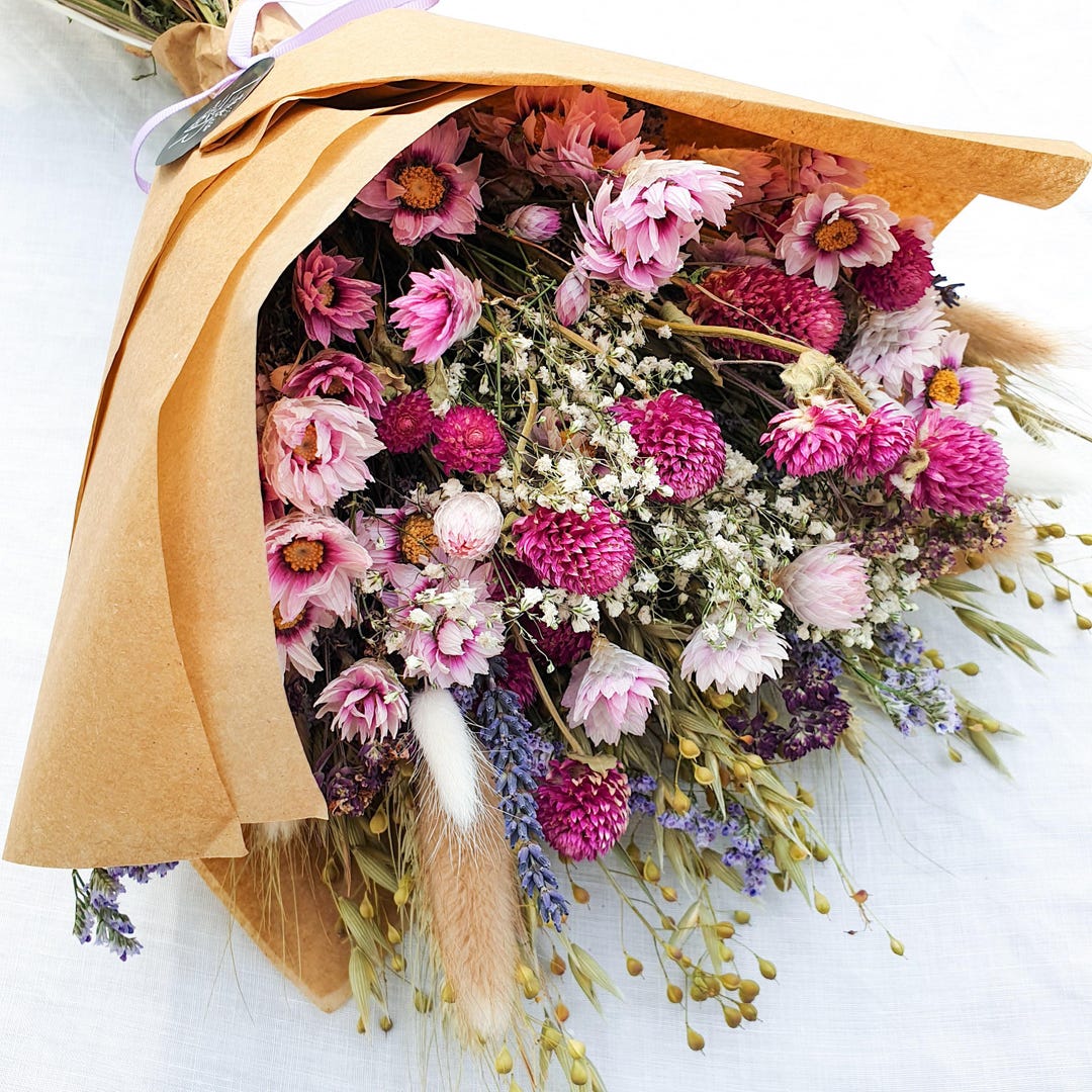 Dried Flower Bouquet- Pink and Magenta With Clover Flowers, Lavender ...