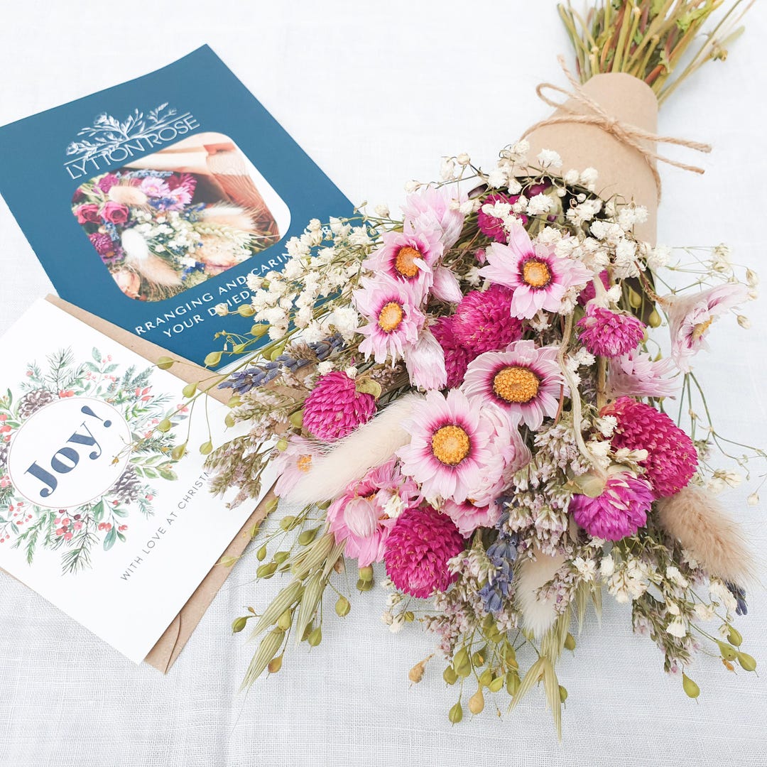 Dried Flower Bouquet in Berry Pink With Magenta Clover, Lavender ...