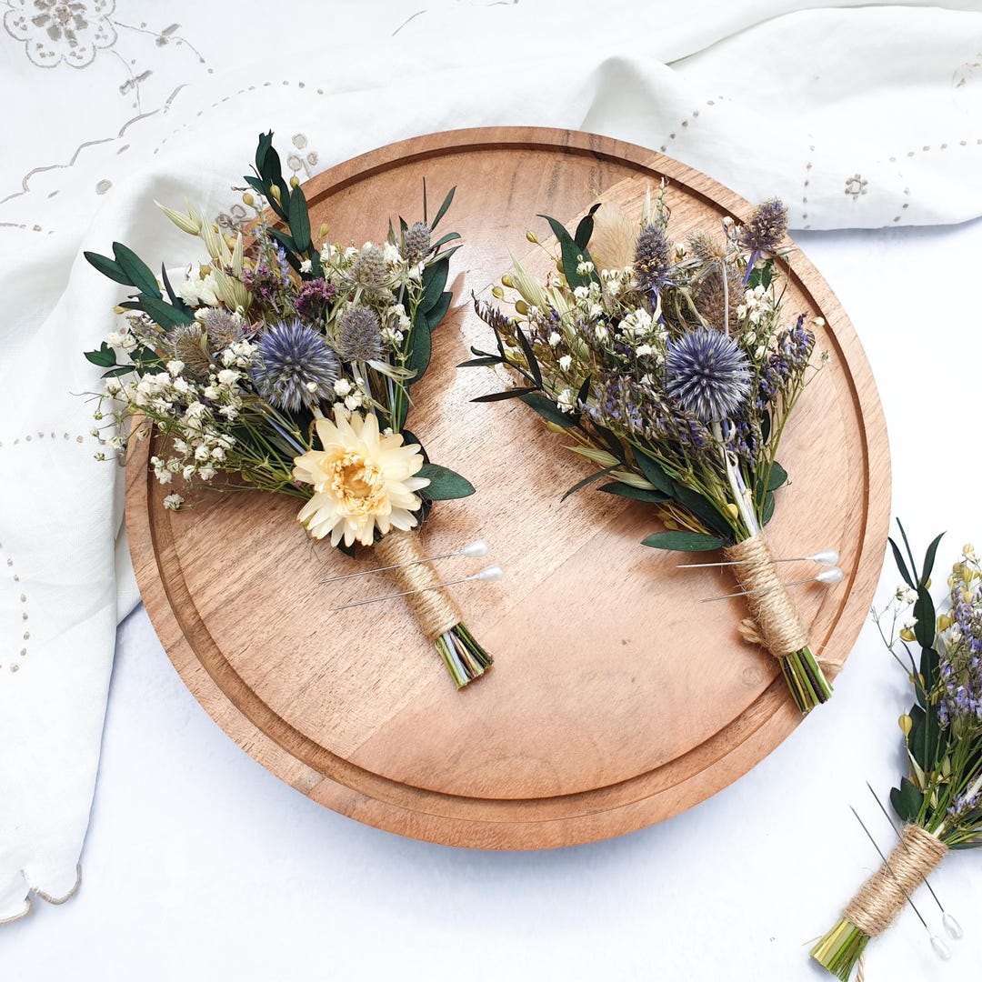 Dried Flower Buttonhole in Blue, Boutonniere With Thistles, Greenery ...