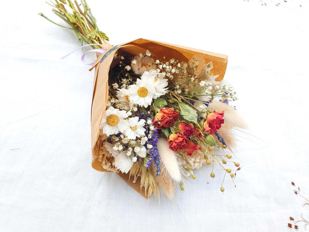 Dried Flower Bouquet With Roses in Orange, Handmade Dried Flower ...