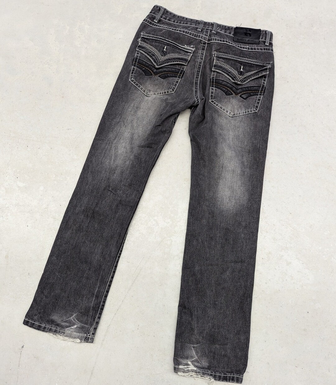 Y2K Reflex Jeans Faux Leather Back Patch Black Denim - Etsy