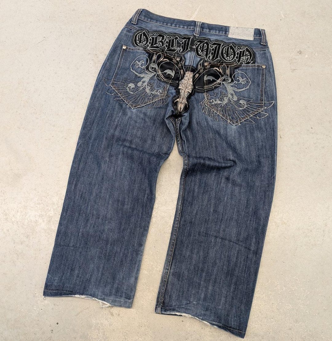 Rare Y2K Imperious Denim Moose Skull Baggy Embroidered Jeans - Etsy