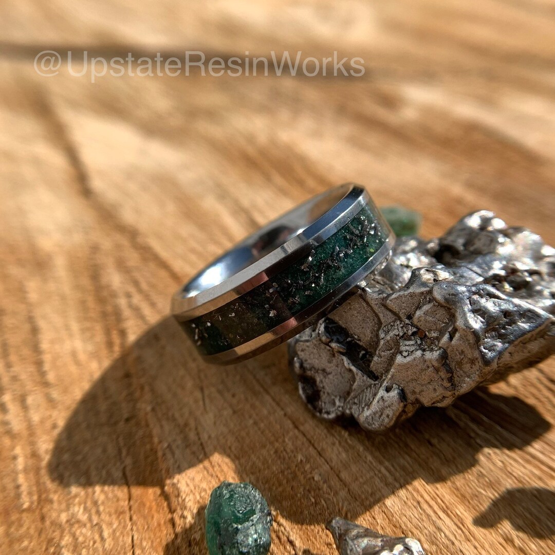 Genuine Emerald Ring, Meteorite Dust, Emerald Band, Crystal, for Him ...