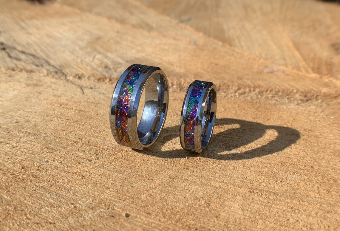 Tie Dye ring Tungsten band Rainbow inlay dichrolam | Etsy
