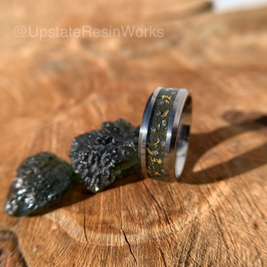 Genuine Moldavite Ring, Diamond and Gold, Tektite Band, Moldavite Band ...