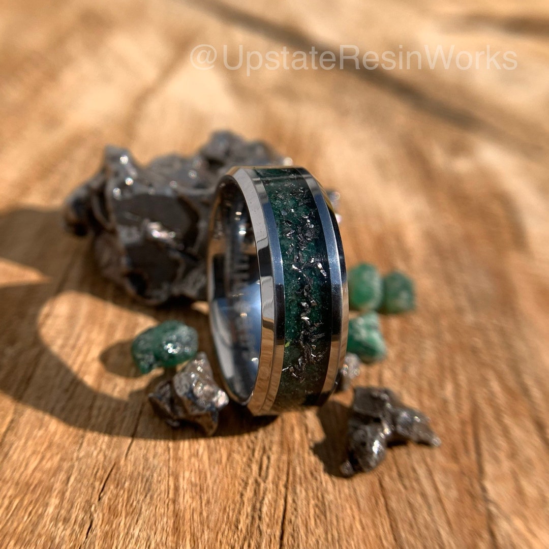 Real Emerald Band, Meteorite Dust, Emerald Ring, Meteorite Ring, Mens ...