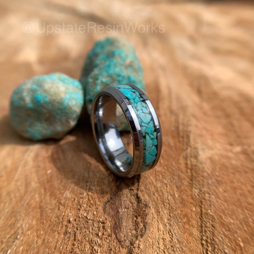 Real Turquoise Ring, Turquoise Band, Gemstone Band, Titanium, Tungsten ...