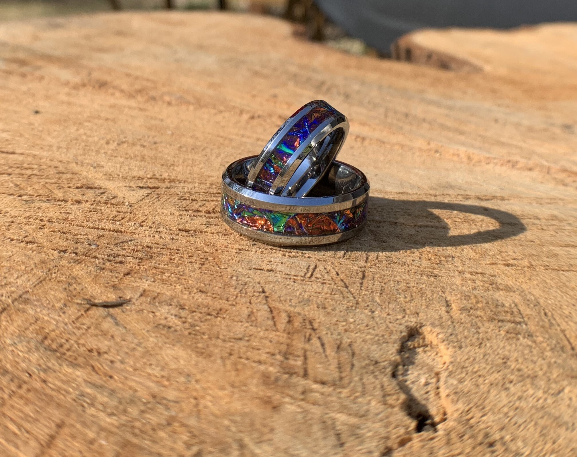 Tie Dye ring Tungsten band Rainbow inlay dichrolam | Etsy