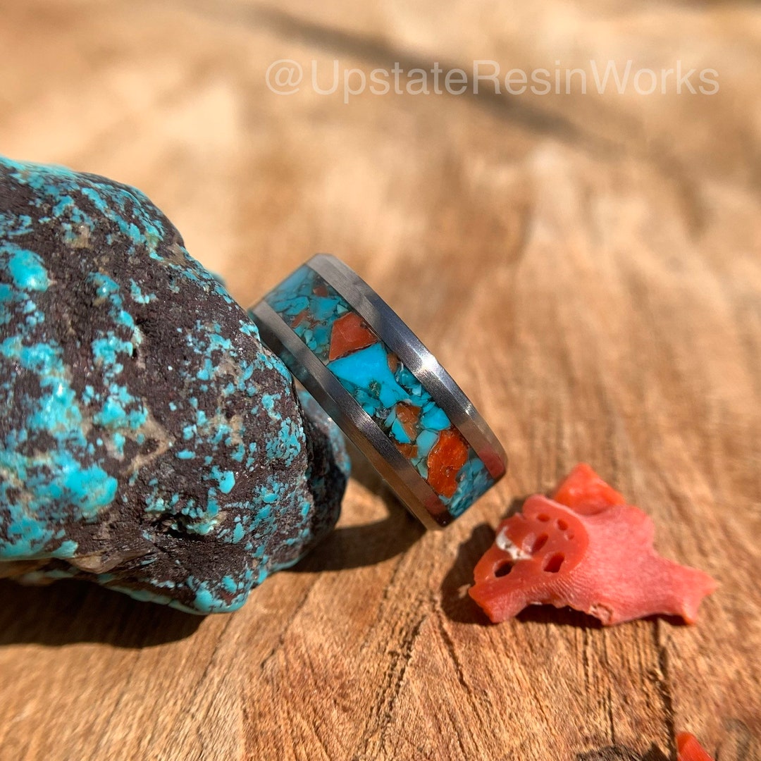 Turquoise and Red Coral Ring, Bisbee Turquoise, Blue Turquoise Band ...