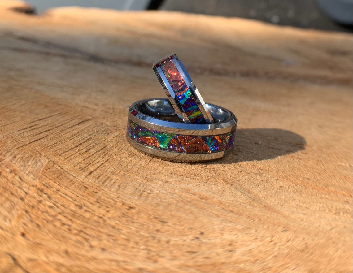 Tie Dye ring Tungsten band Rainbow inlay dichrolam | Etsy
