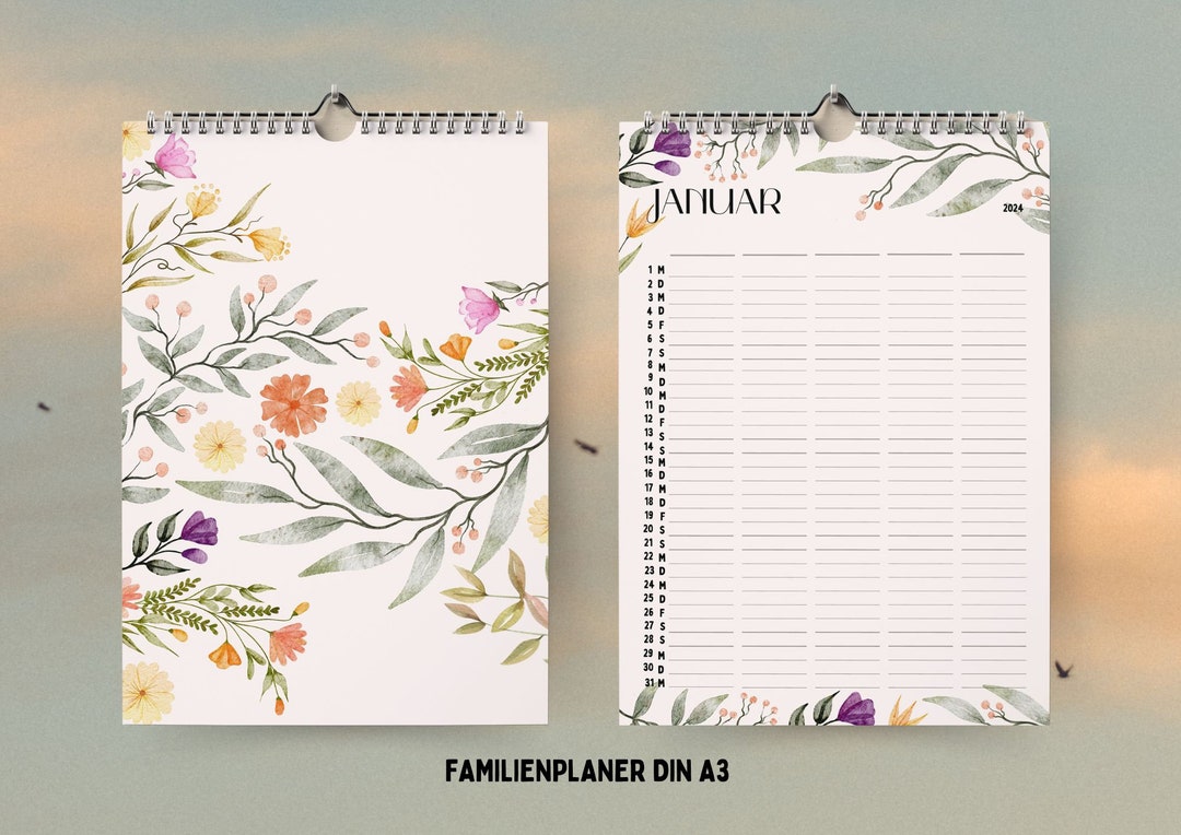 Family Calendar 2024 Watercolor Flowers DIN A3, Wall Calendar Planner ...