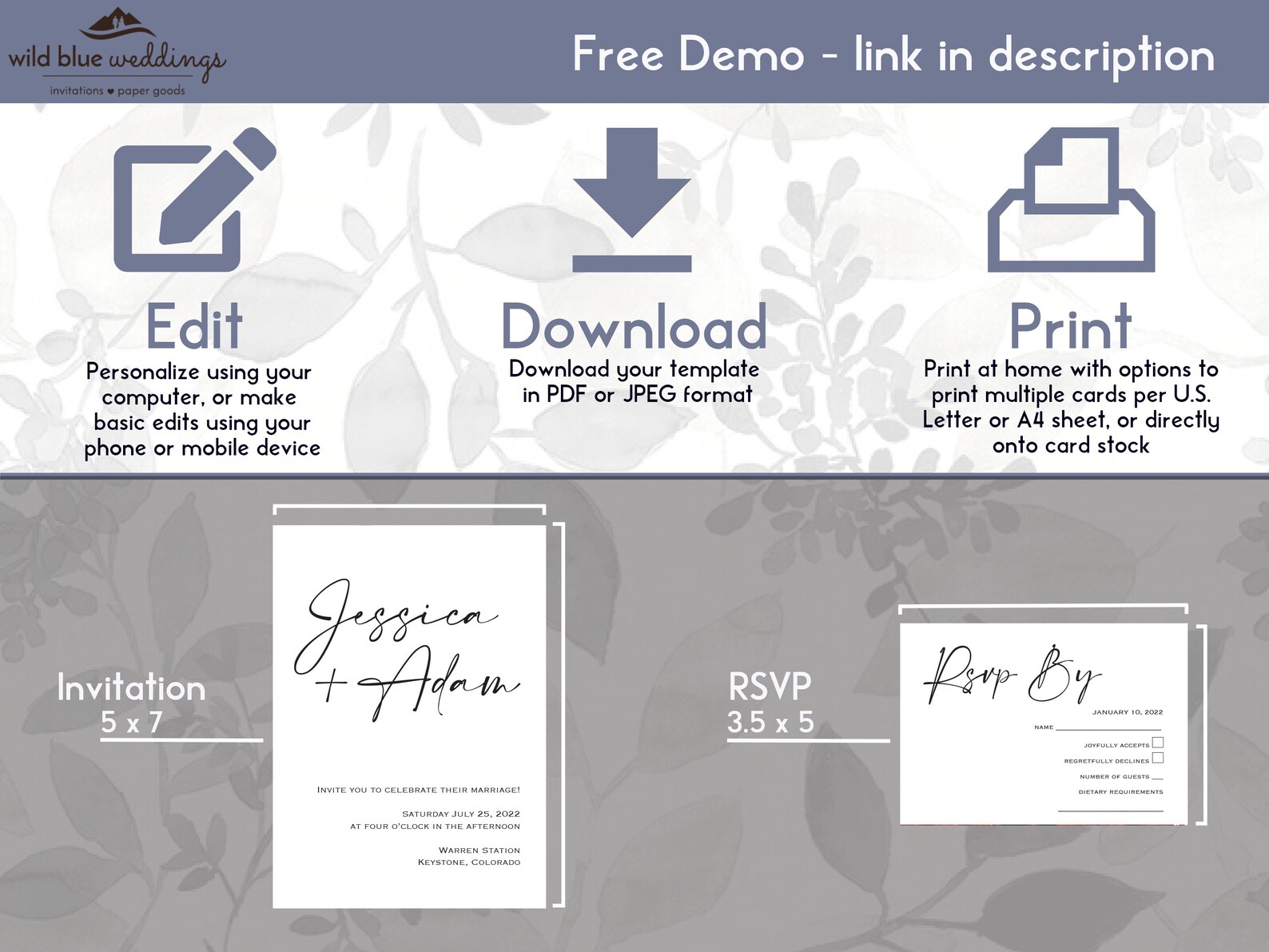 Boho Wedding Invitation Set Printable Template Downloadable Simple ...