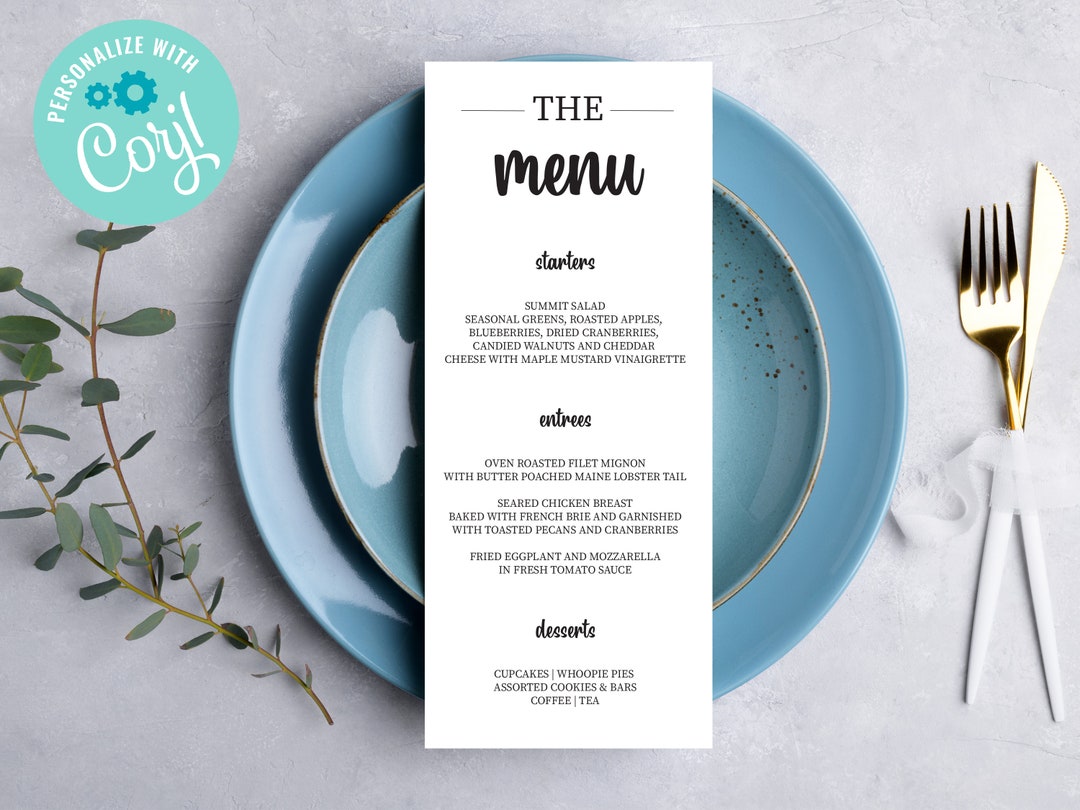 Custom Modern Wedding Menu Cards | Printable Wedding Food Menu Template ...