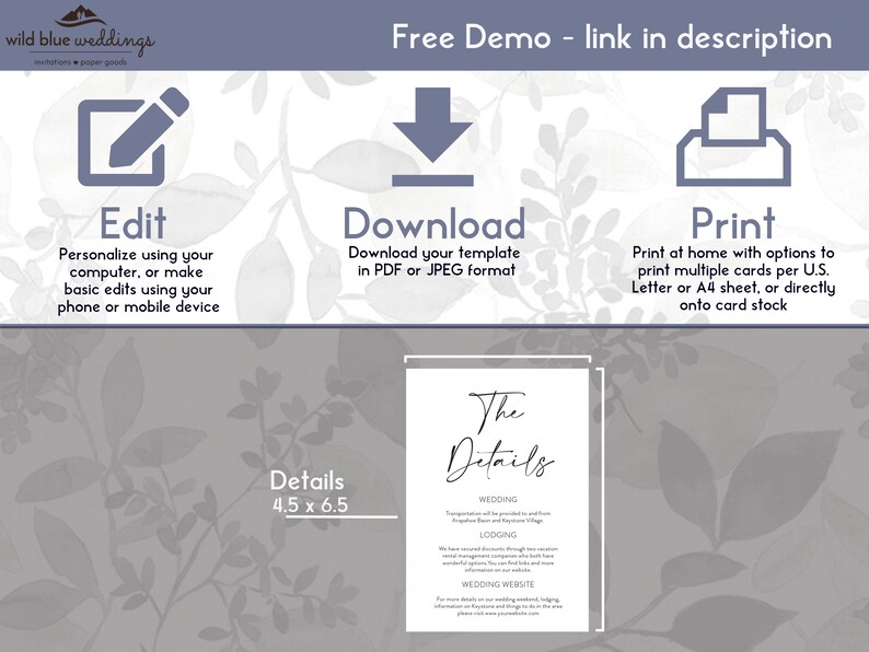Downloadable Wedding Details Card Template Printable Wedding - Etsy