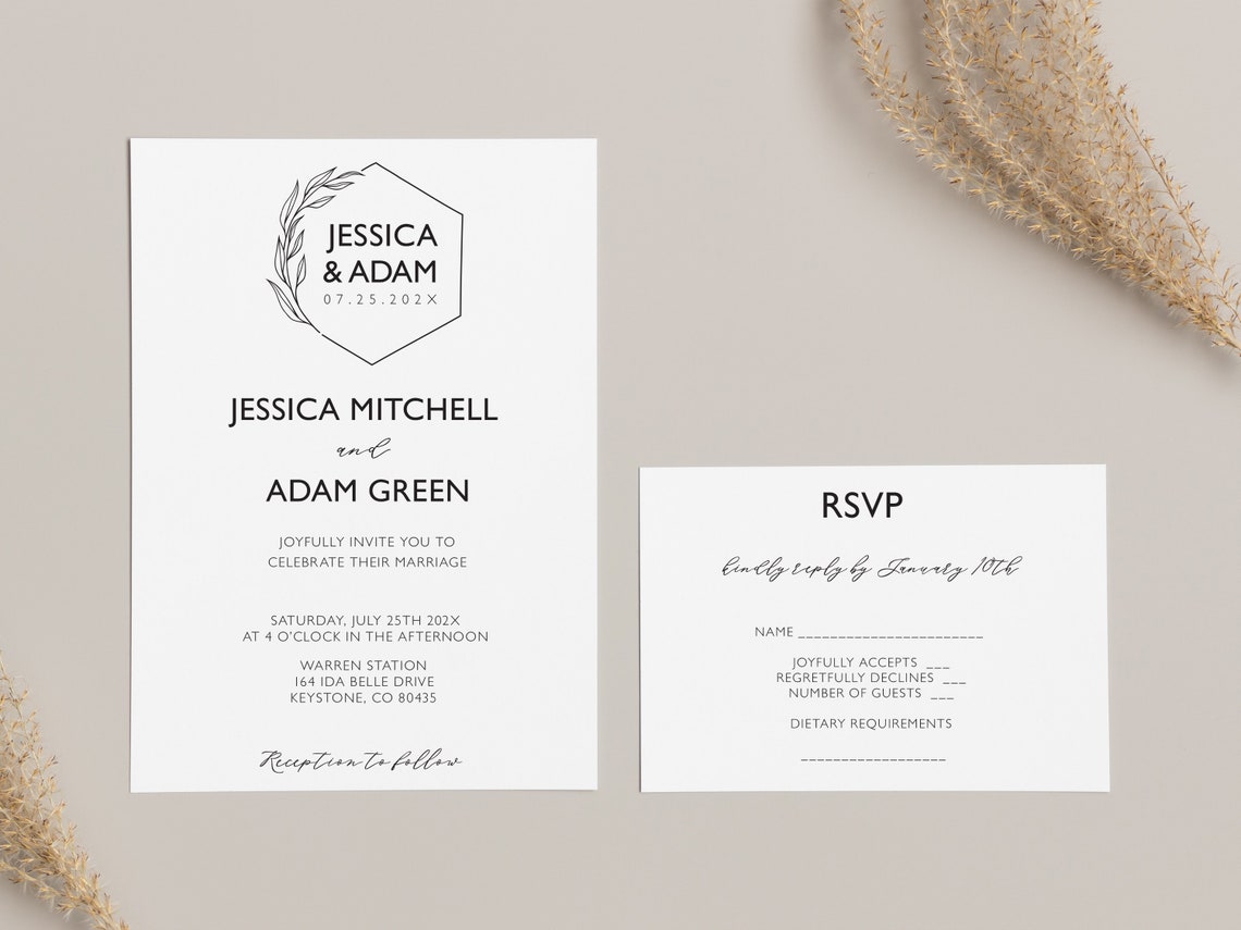 Printable Simple Greenery Wedding Invitation Set Template - Etsy