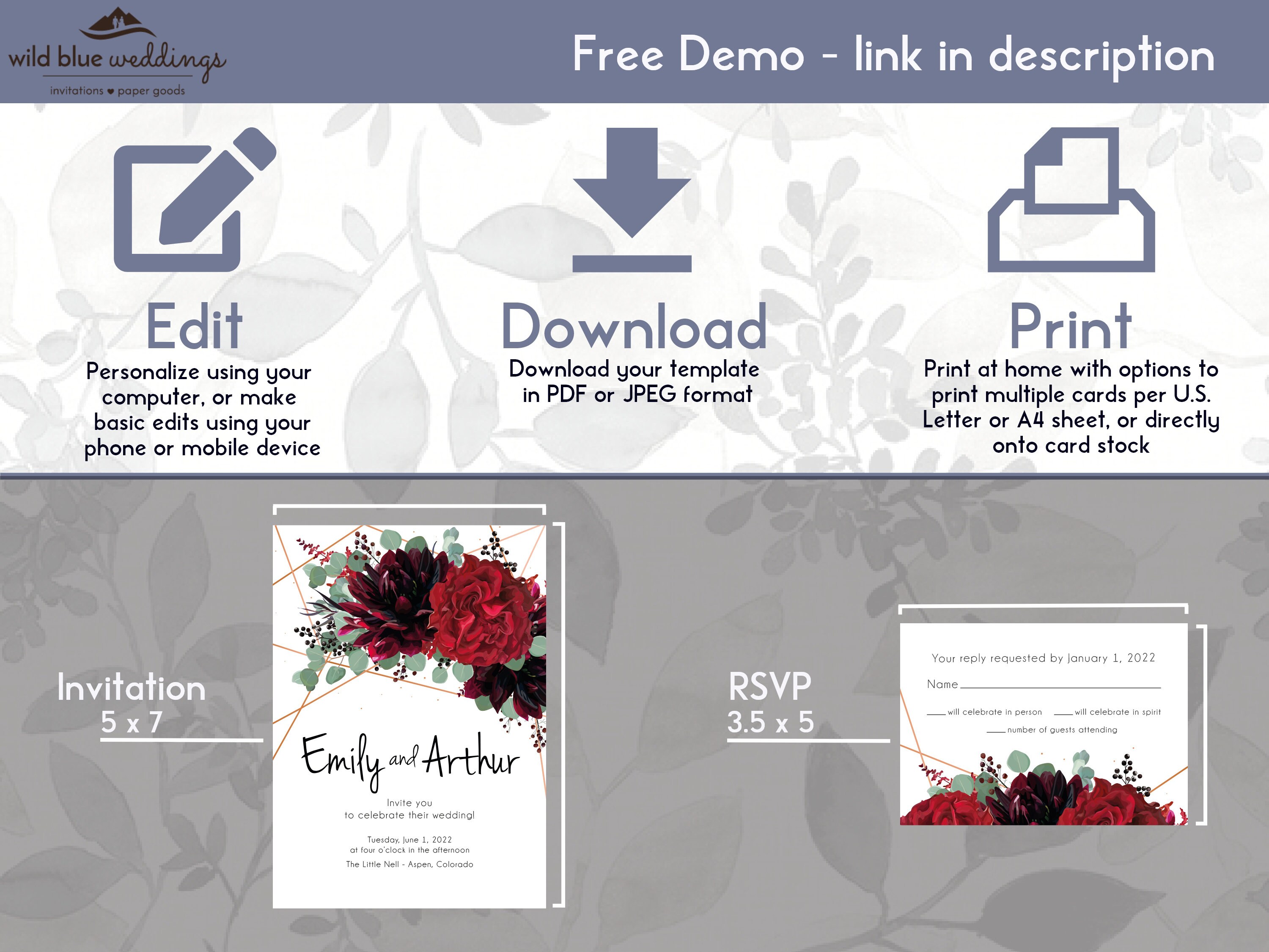 Floral Invitation Digital Download Wedding Invitation Elegant Wedding ...