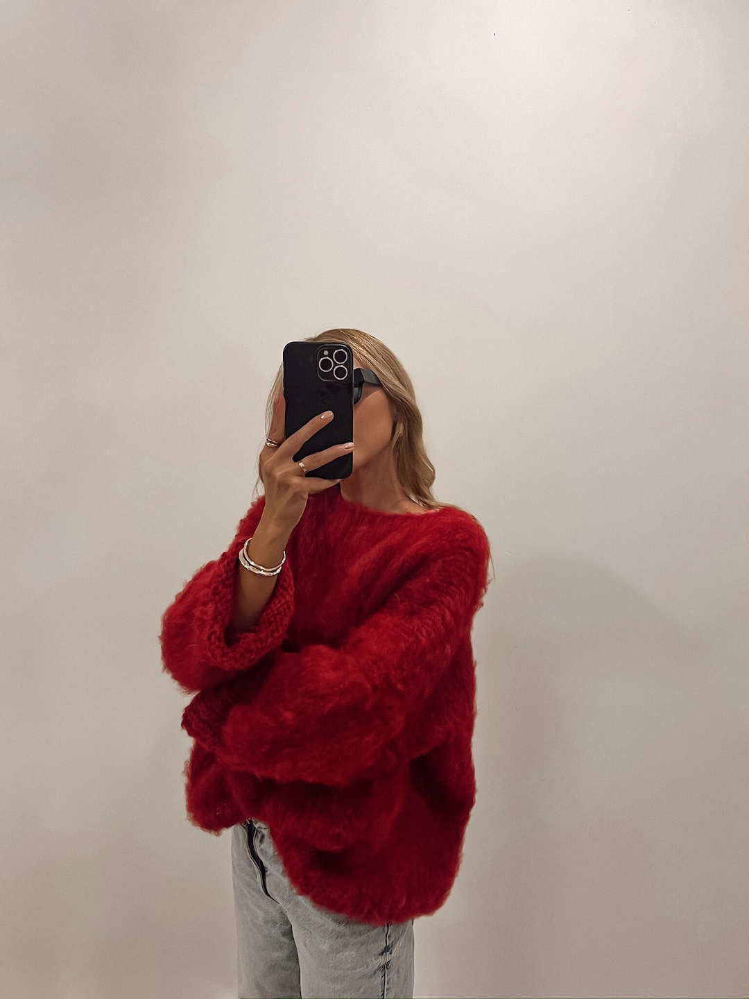 Hand Knitted Fluffy Deep Red Mohair Sweater Red Wool Sweater Christmas ...