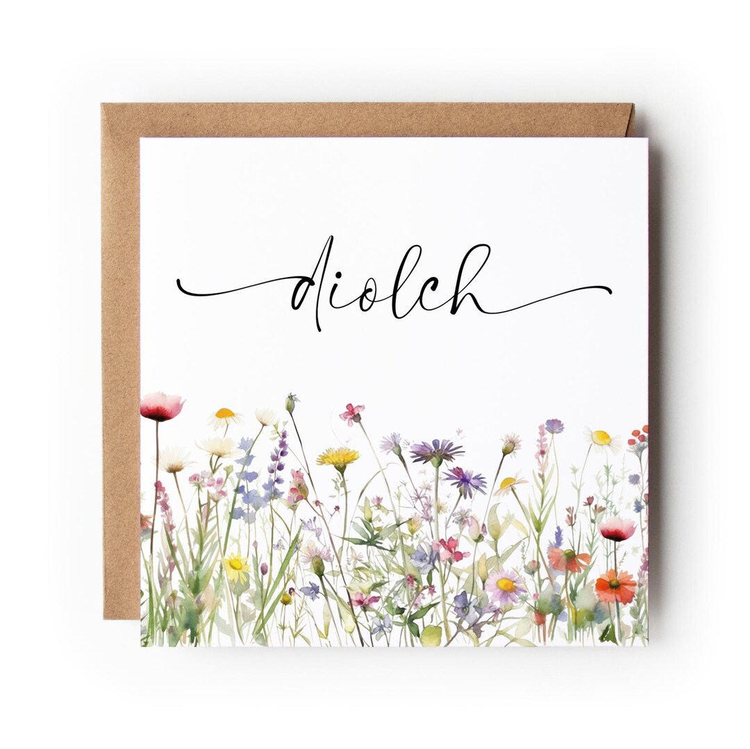 Cerdyn Diolch Cymraeg, Welsh Thank You Card, Floral Wildflower Meadow ...