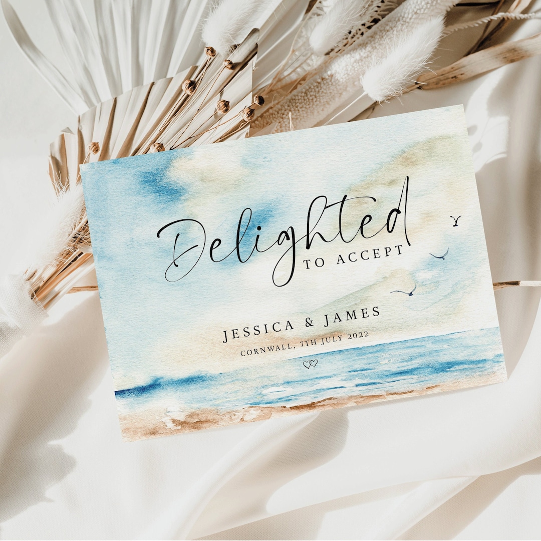 Personalised Wedding Acceptance Card: Beach Watercolour Design - Etsy