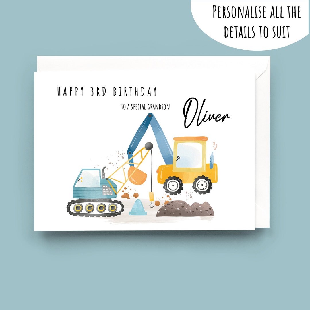 Personalised Diggers Birthday Card, Any Age, 1st, 2nd, 3rd,4th, 5th ...