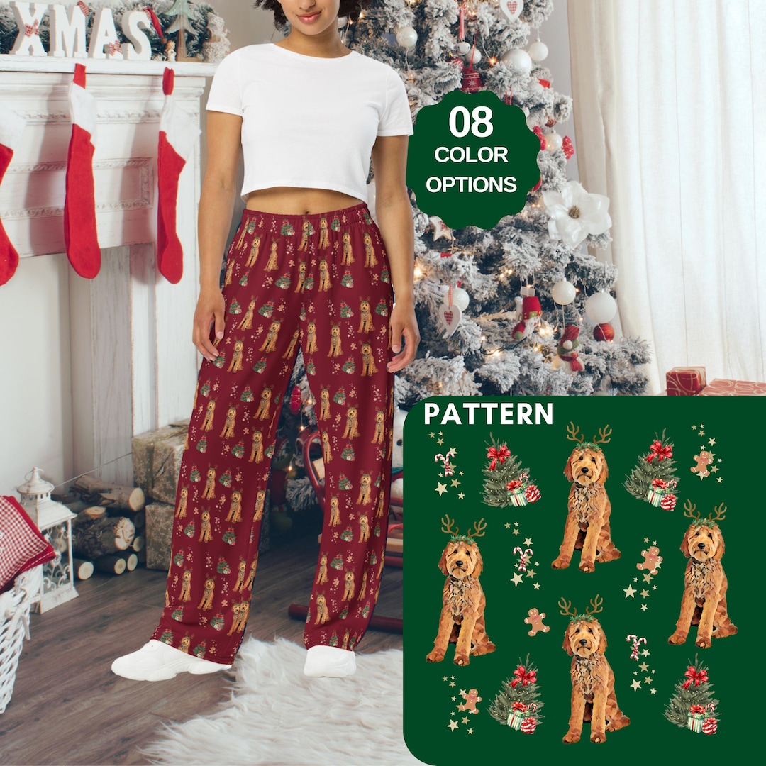 Christmas Goldendoodle Pajama Pants, Wide Leg Unisex Golden Dog Pants ...
