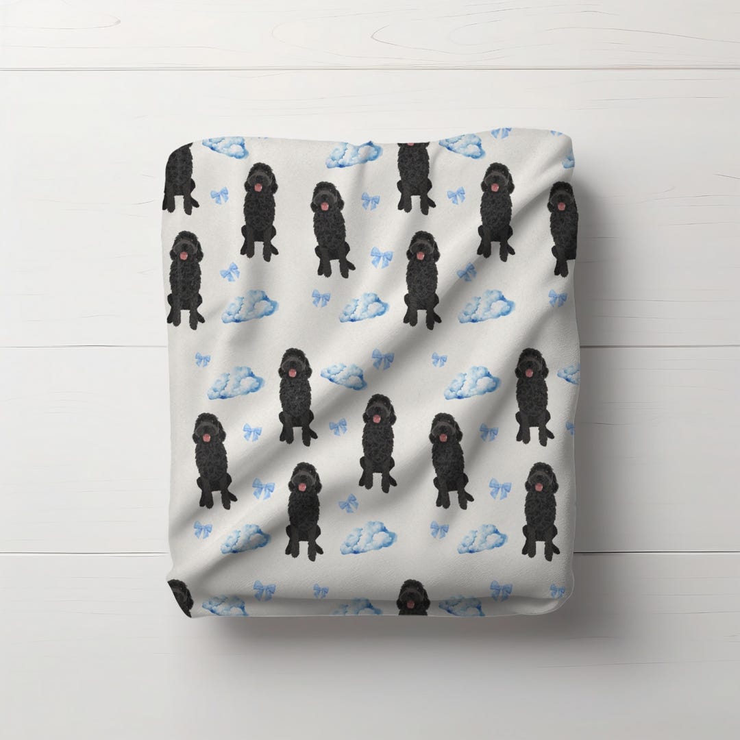 Black Golden Doodle Baby Minky Blanket With Blue Clouds Bows, Doodle ...
