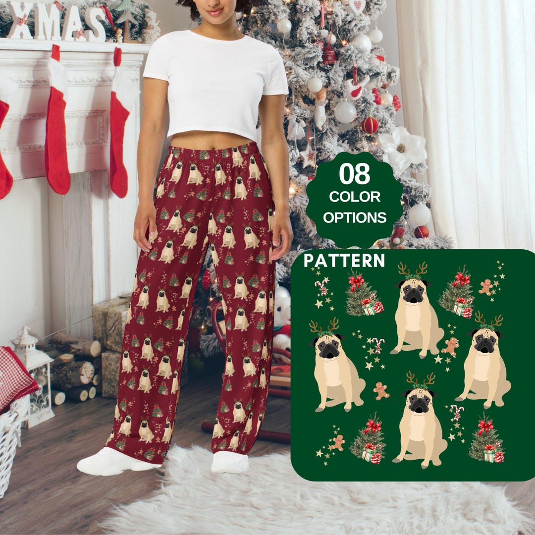 Christmas Pug Pajama Pants, Wide Leg Unisex Pug Dog Pants Mom Gift, Pug ...